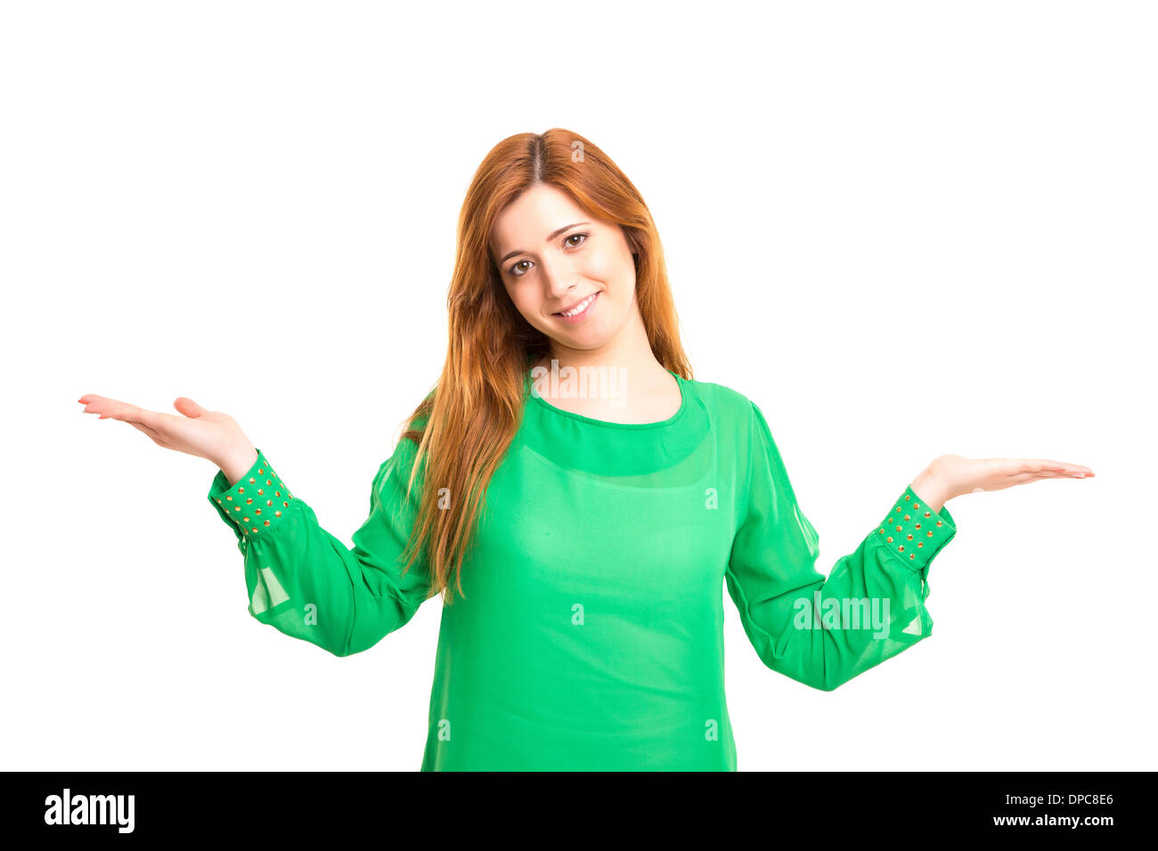 Beautiful woman making a scale with her arms wide open, isolated in a ...