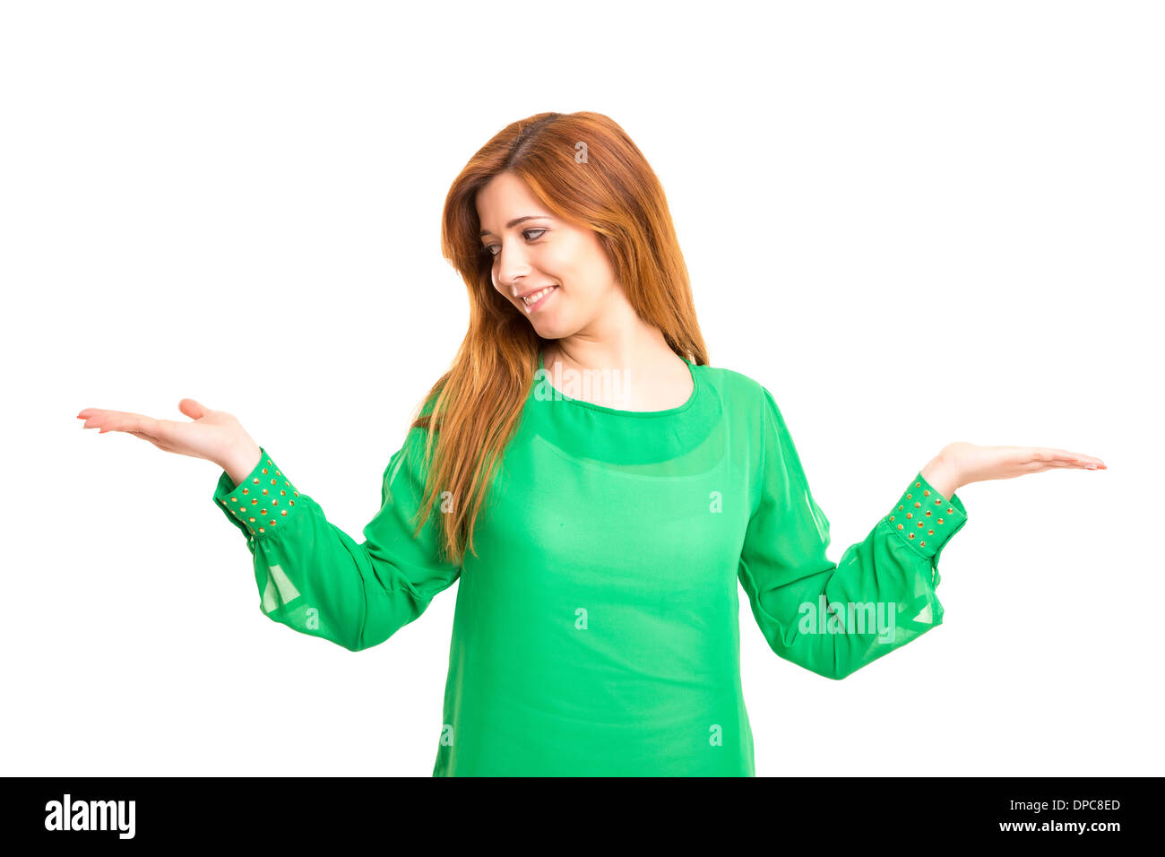 Beautiful woman making a scale with her arms wide open, isolated in a ...
