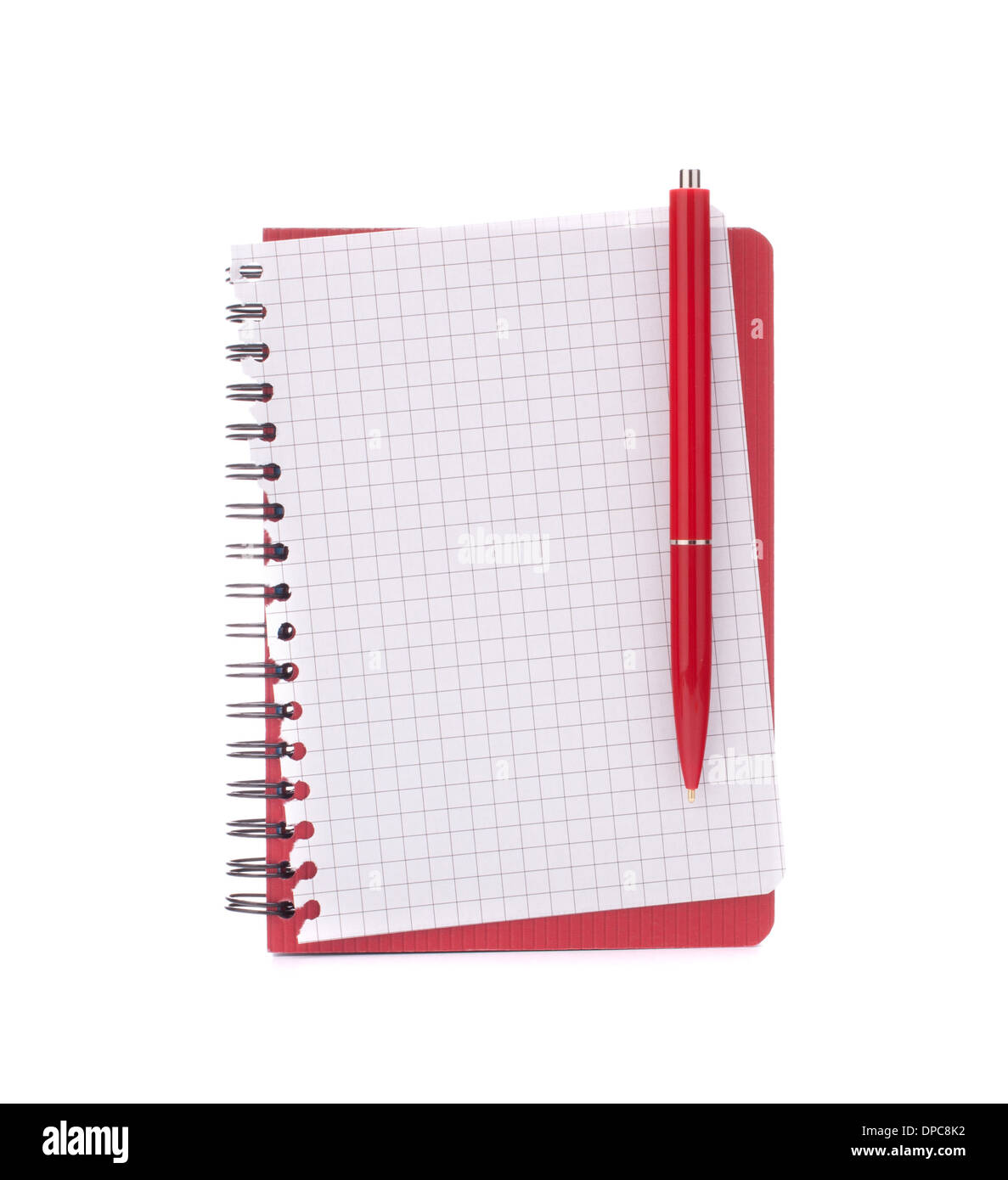 Red notebook with notice paper and pen isolated on white background ...