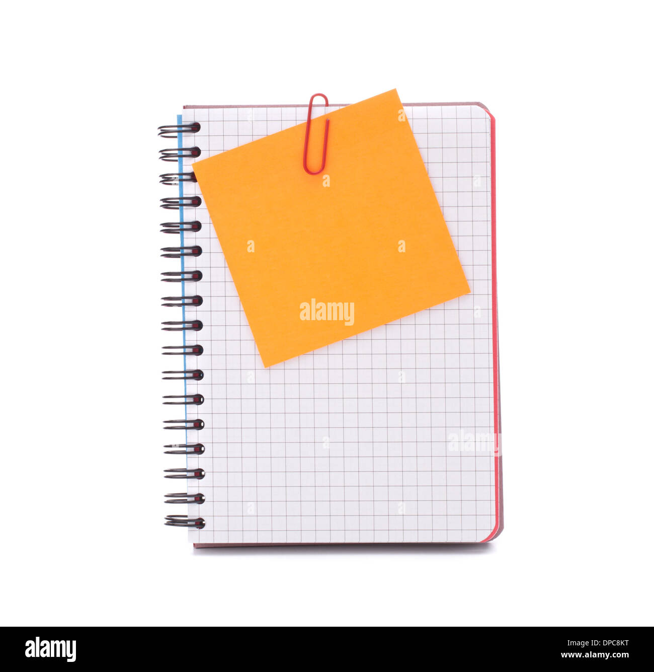 Blank checked notebook with notice paper isolated on white background ...
