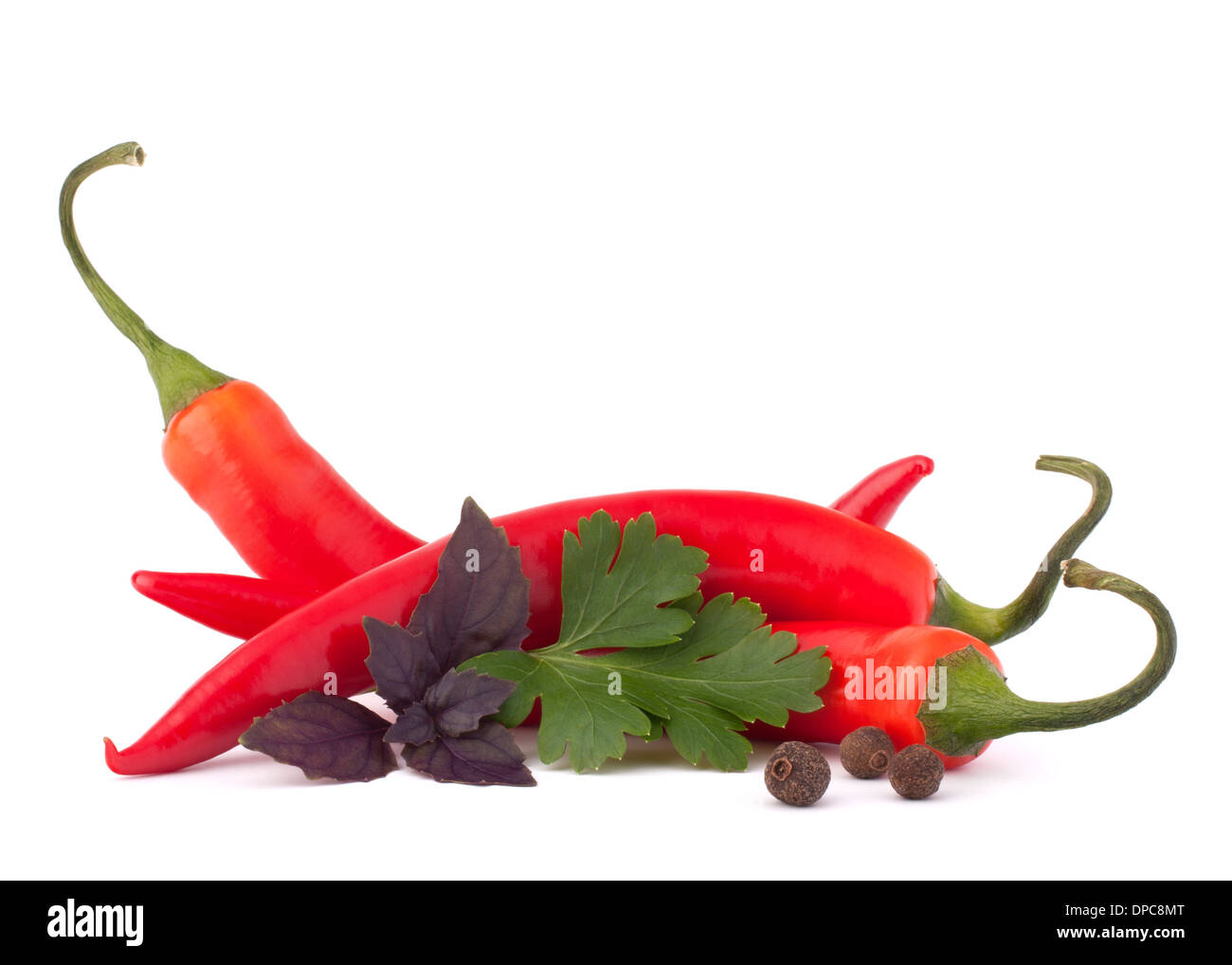Hot red chili or chilli pepper and aromatic herbs leaves still life ...
