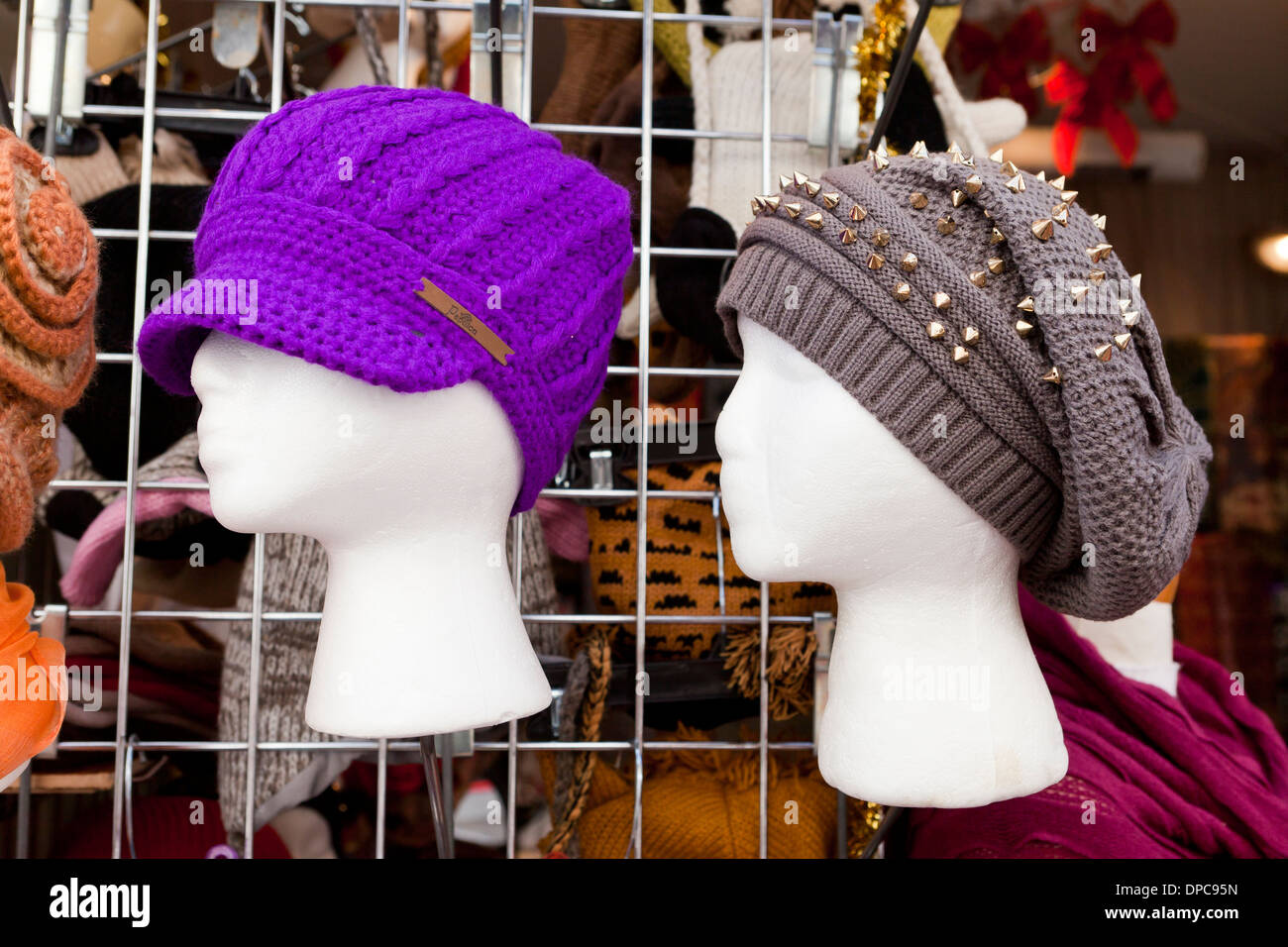 Womens knit hats on display Stock Photo - Alamy