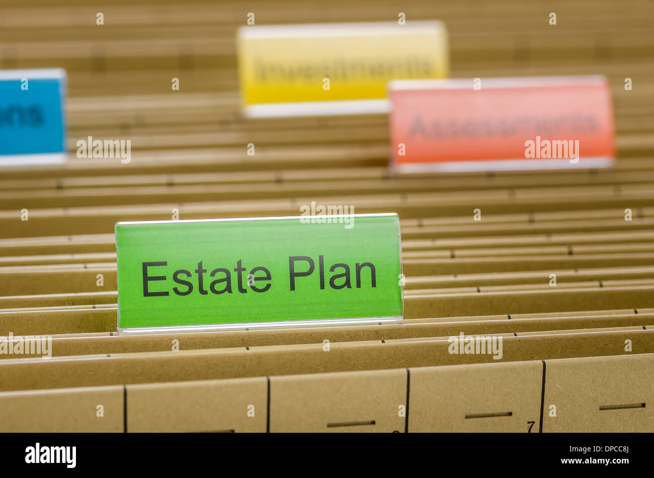 Hanging file folder labeled with Estate Plan Stock Photo - Alamy
