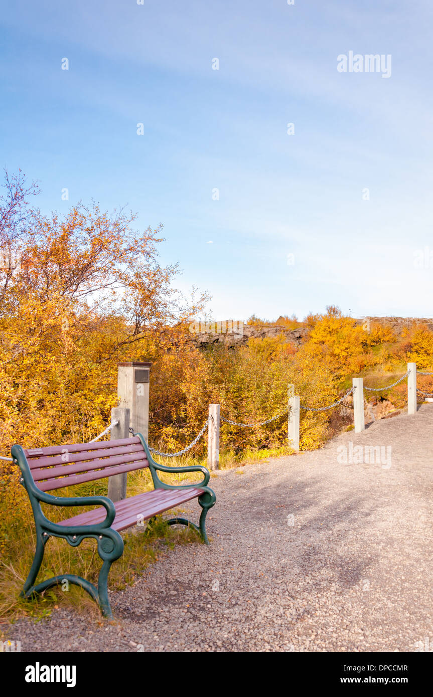 Wooden bench on a natural park in Iceland Stock Photo - Alamy