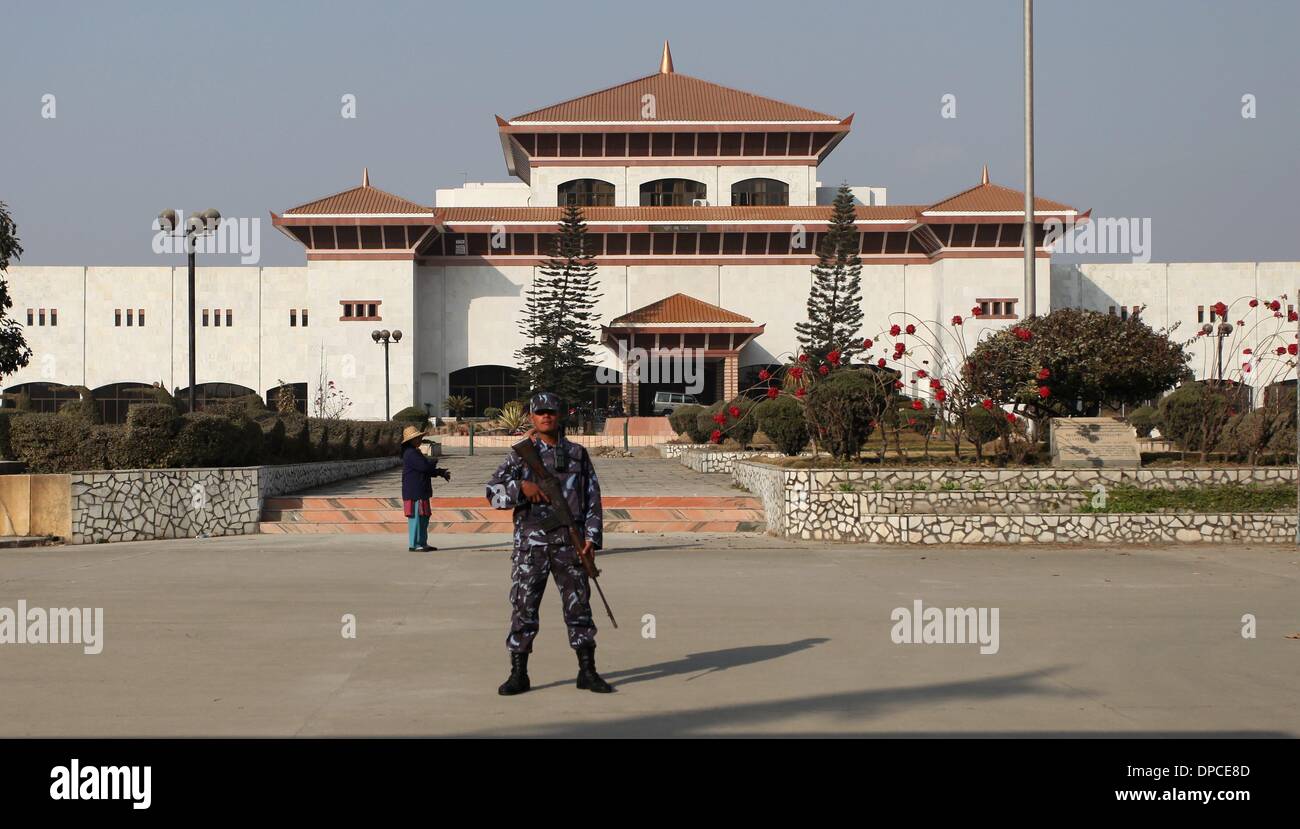 Kathmandu, Nepal. 12th Jan, 2014. A Nepalese security person guards the ...