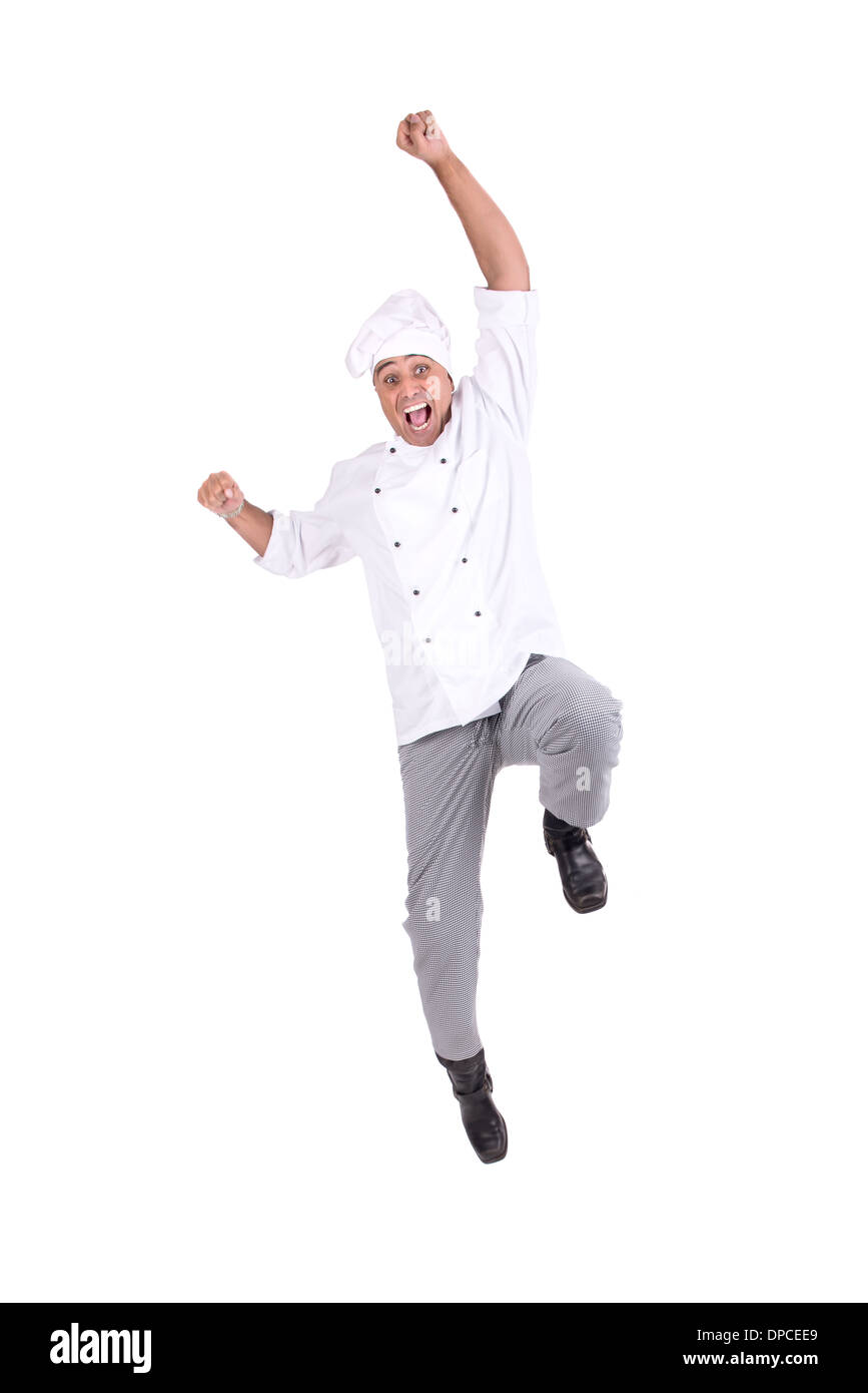 Male chef jumping high isolated in white Stock Photo - Alamy
