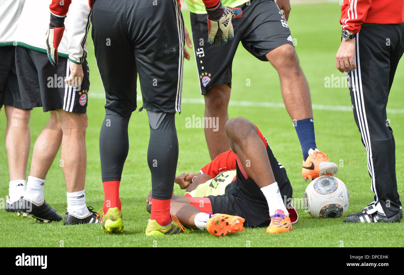 Doha, Qatar. 12th Jan, 2014. Bayer Munich's David Alaba lies on the ...