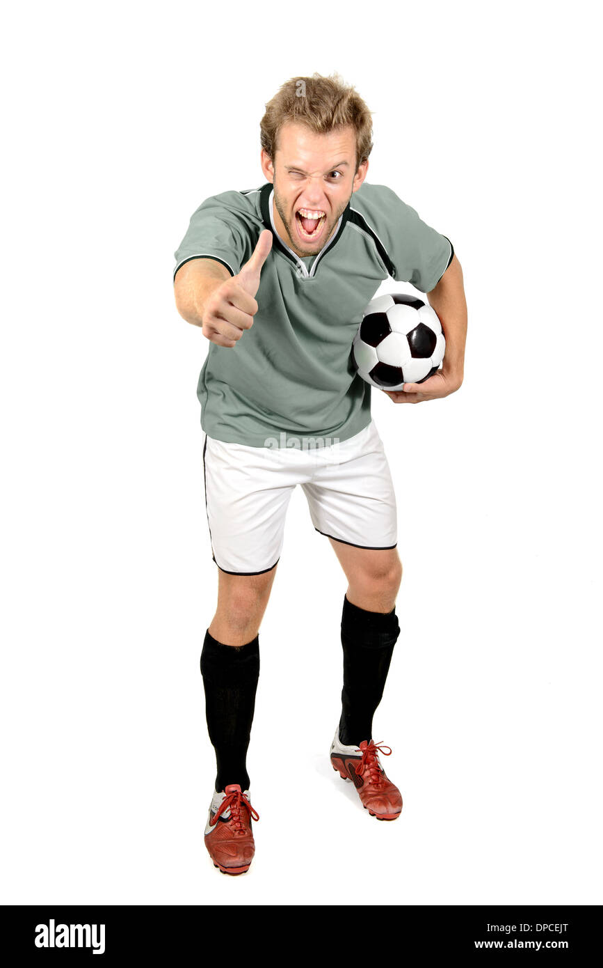 Happy football player with a ball isolated in white Stock Photo - Alamy