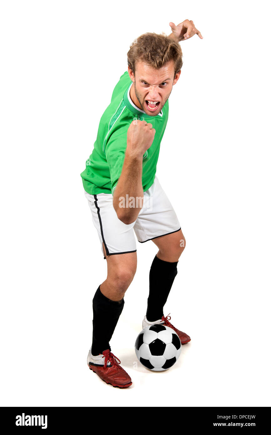 Happy football player with a ball isolated in white Stock Photo - Alamy