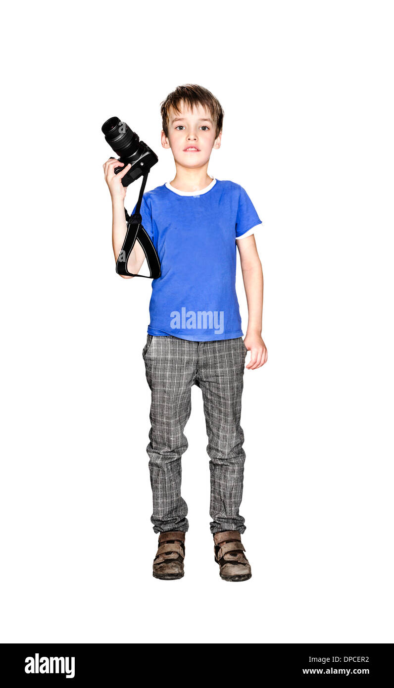 A smiling little boy with camera isolated on the white background Stock ...