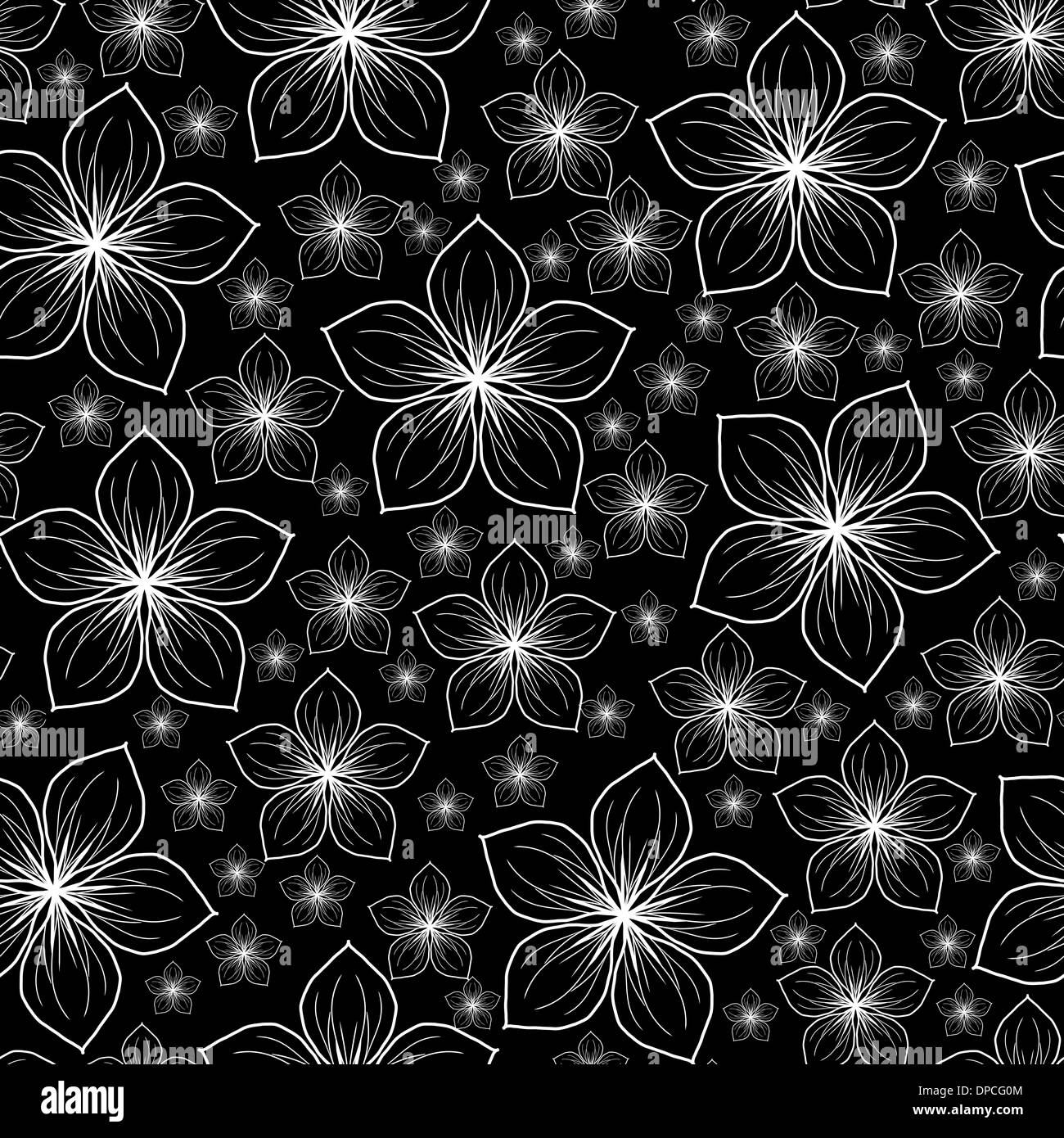 White seamless floral pattern on a black background Stock Photo - Alamy