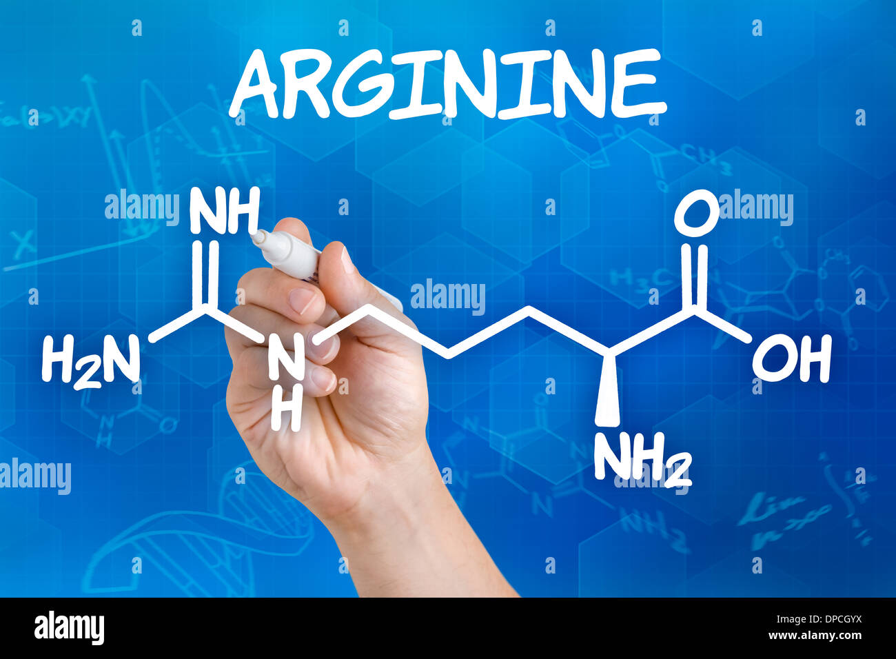 Hand with pen drawing the chemical formula of arginine Stock Photo - Alamy