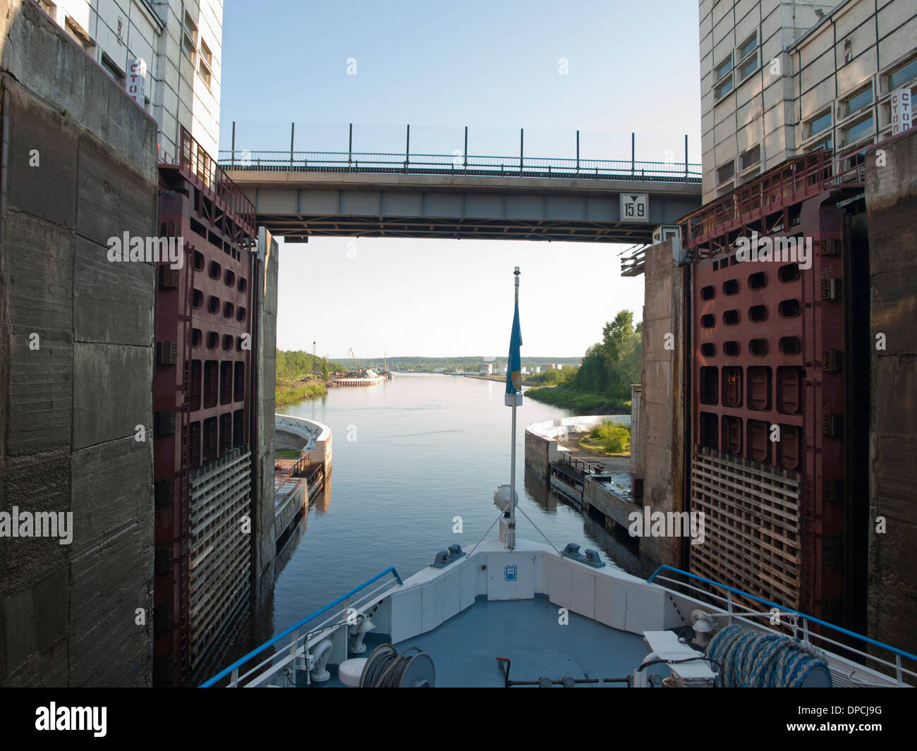 Cruise ship inside one of the many locks on the Moscow to St ...