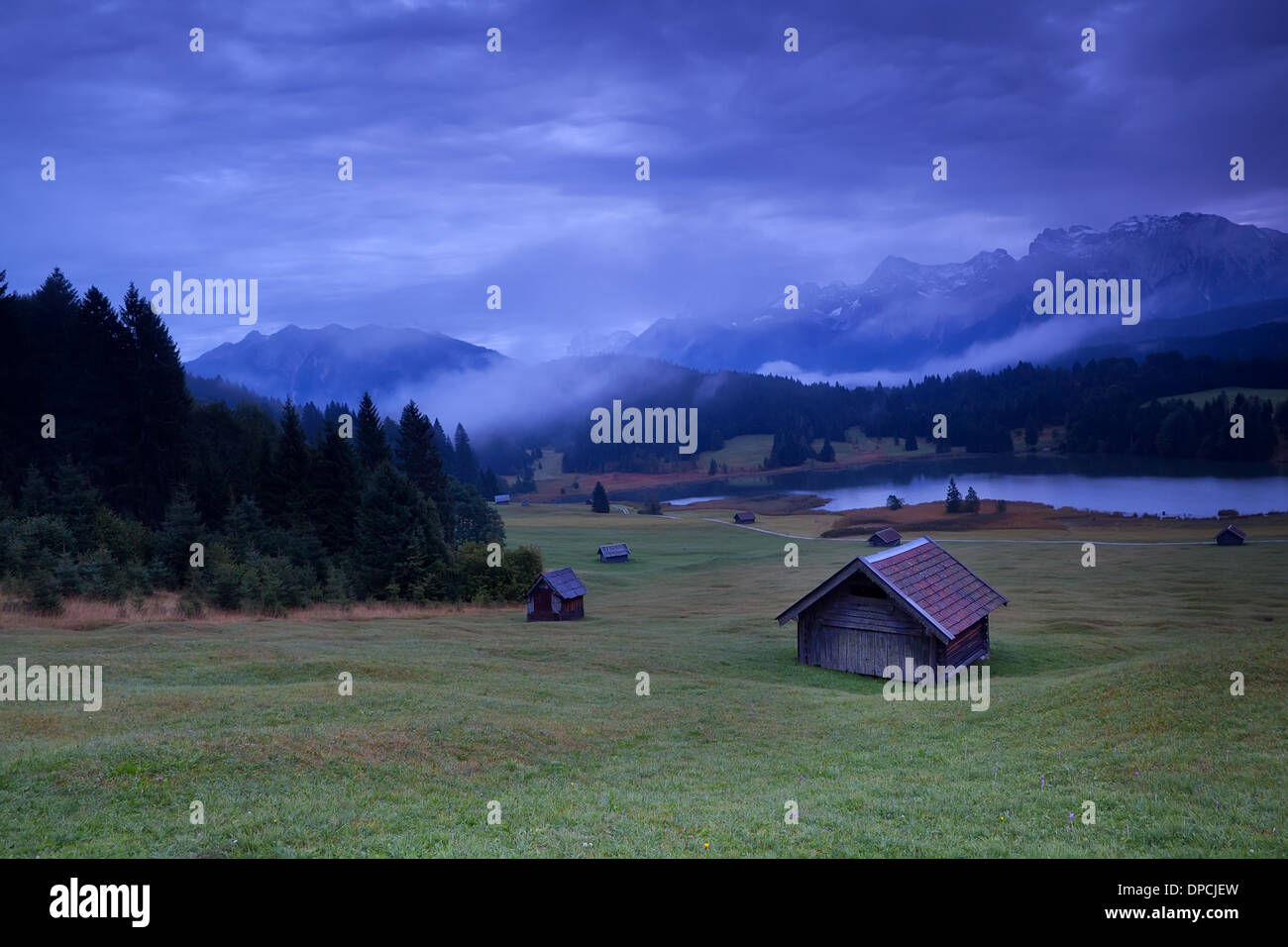 hut on meadows by Geroldsee lake, Bavarian Alps, Germany Stock Photo ...