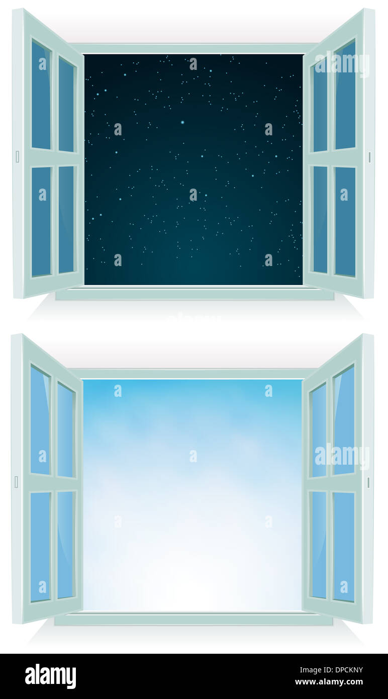 Illustration of a home open window with day and night sky background ...