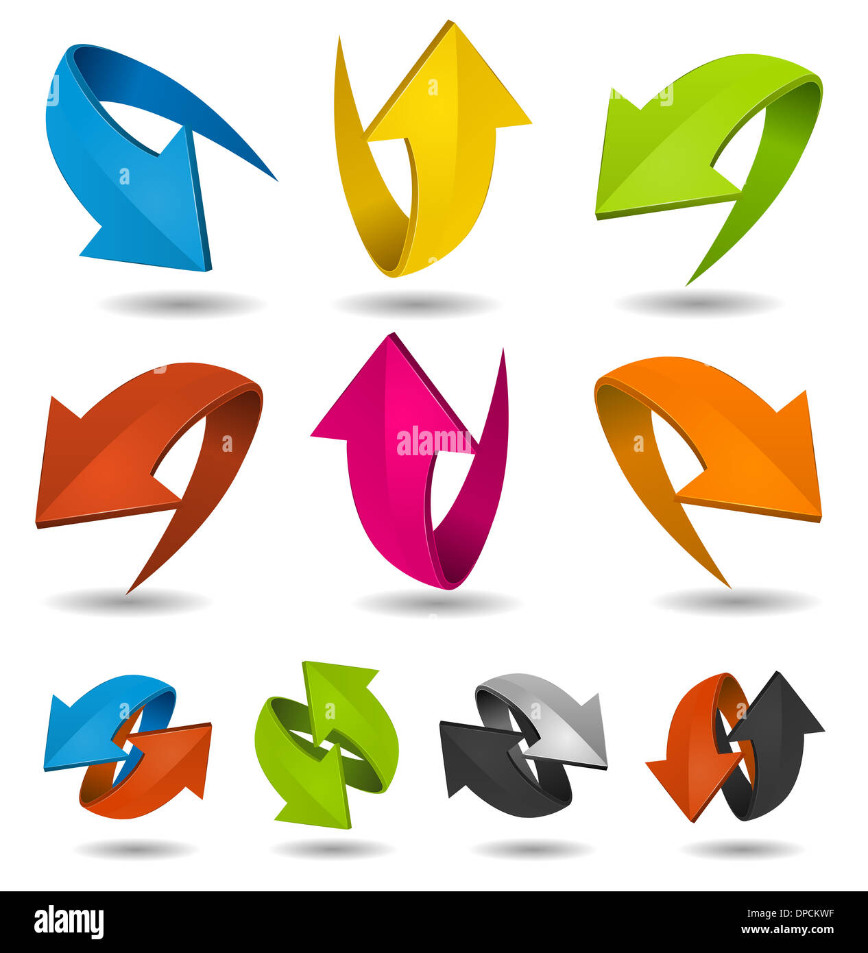 Illustration of a collection of abstract glossy dynamic arrows on white ...