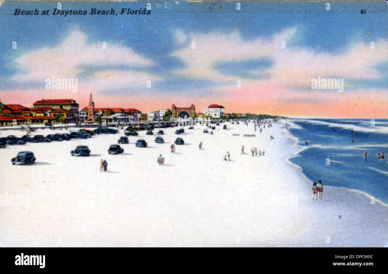 This 1940s postcard shows a beach scene at Daytona Beach, Florida, with ...
