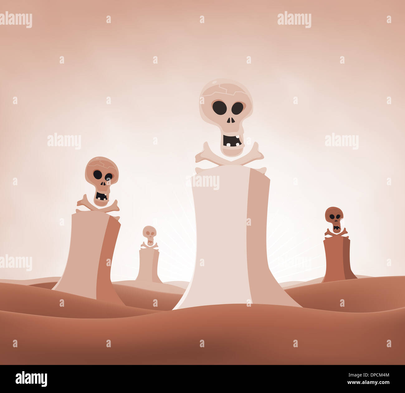 Illustration of a devastated desert nuclear landscape with skulls and ...