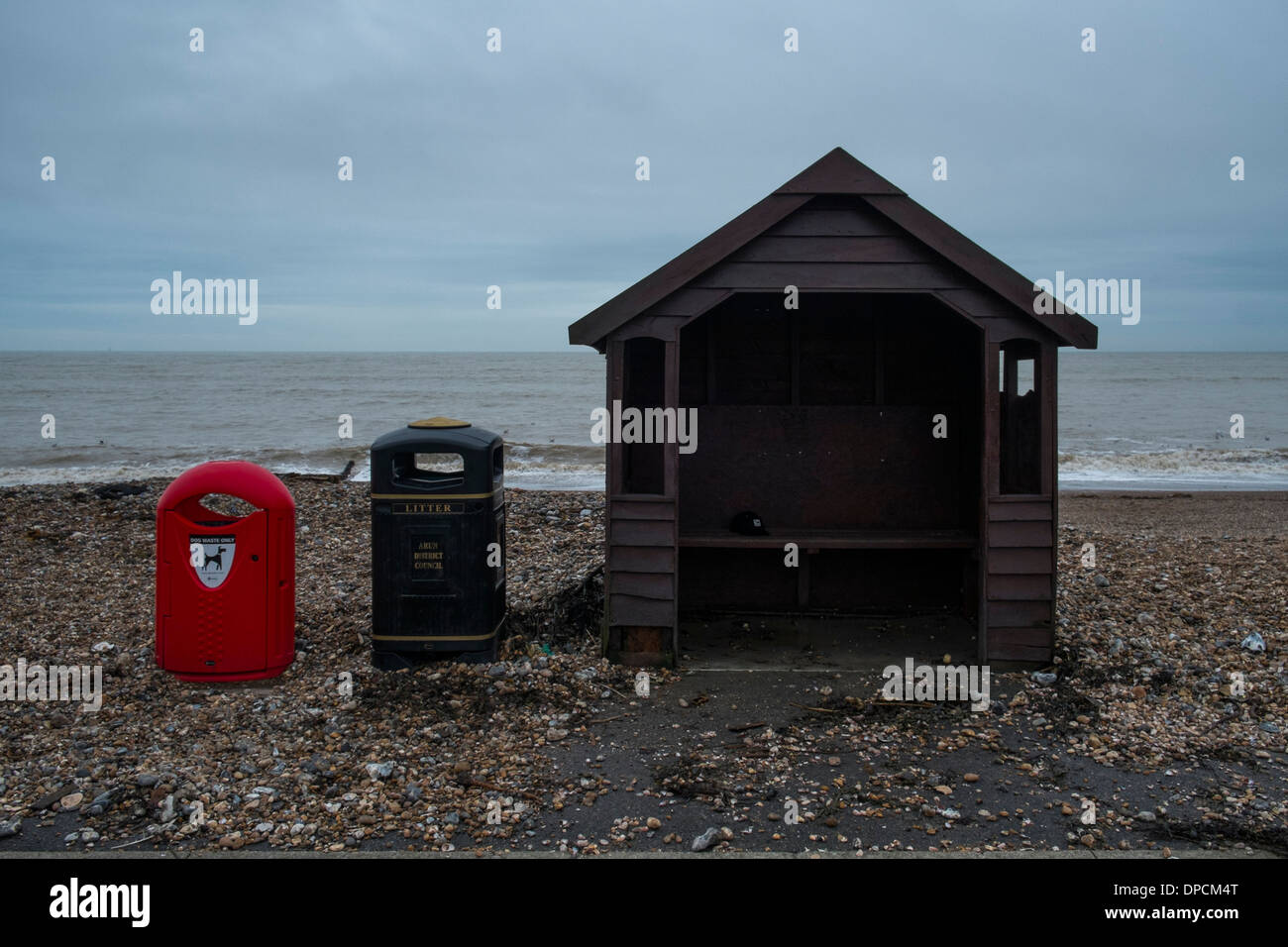 A bus shelter on the beach in Littlehampton, West Sussex following ...