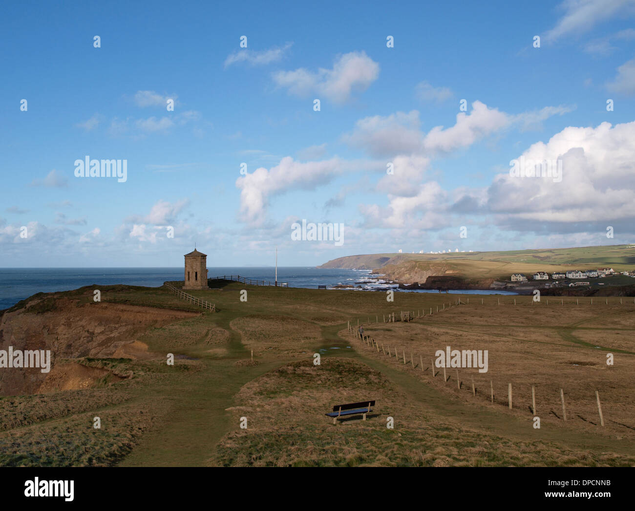 Compass point on the southwest coast path at Bude, Cornwall, UK Stock ...