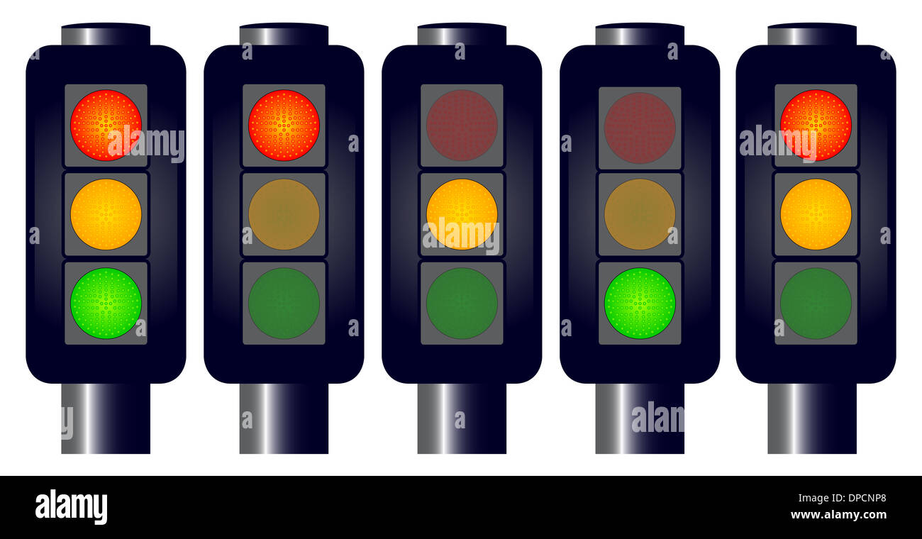 A set of traffic lights including one with all lights on. Isolated over ...