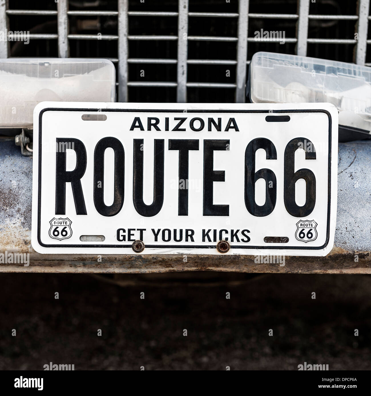 famous sixty six sign in front of a vintage car Stock Photo - Alamy