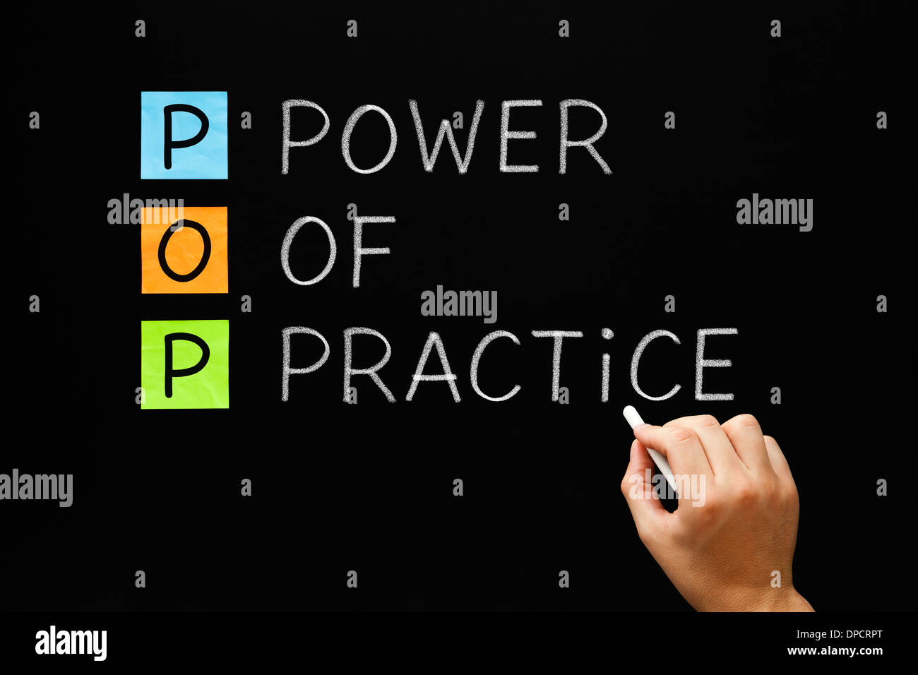 Hand writing POP - Power Of Practice with white chalk on blackboard ...