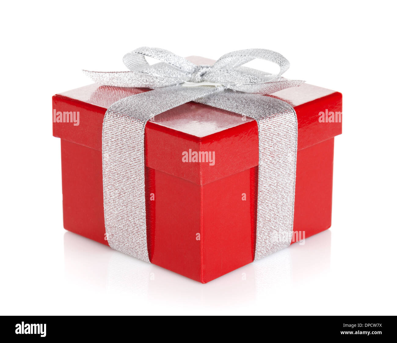 Red gift box with silver ribbon and bow. Isolated on white background ...