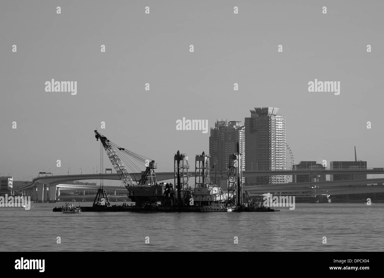 Takeshiba Terminal and Tokyo bay, b&w Stock Photo - Alamy