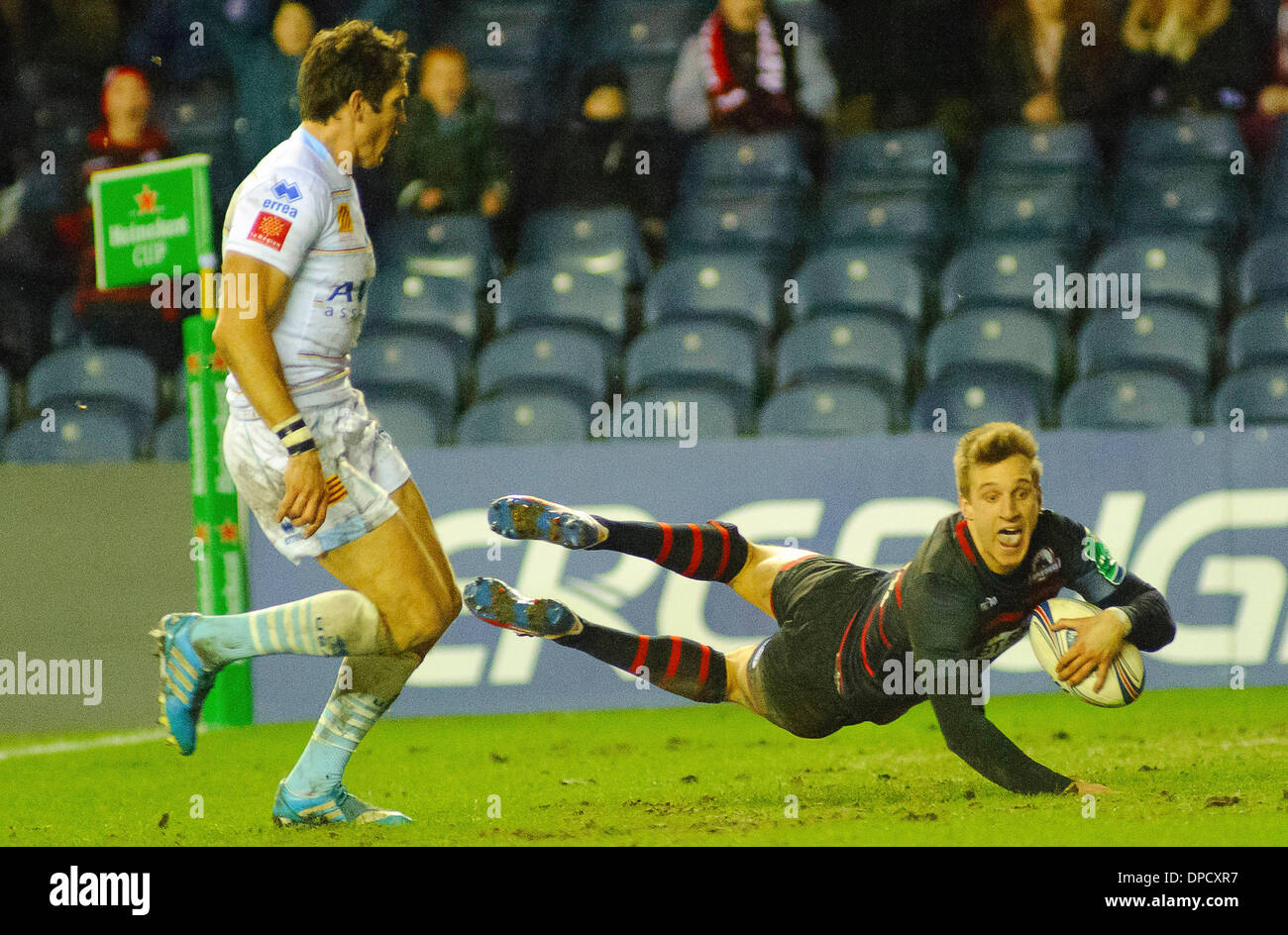 Murrayfield, Scotland, UK. 11th Jan, 2014. Tom Brown dives over the ...
