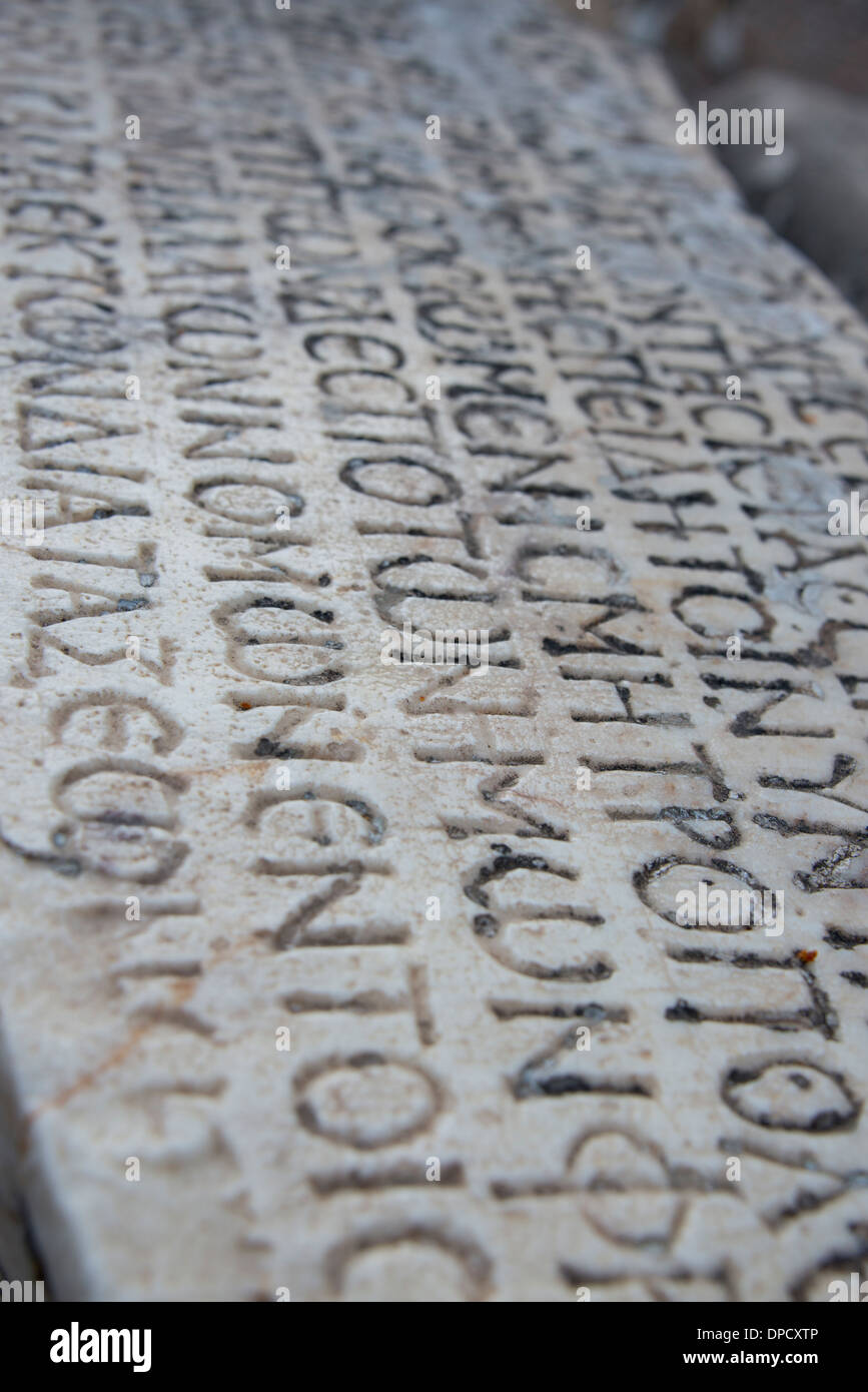 Turkey, Ephesus. Ancient Ephesian ruins, marble carved text Stock Photo ...