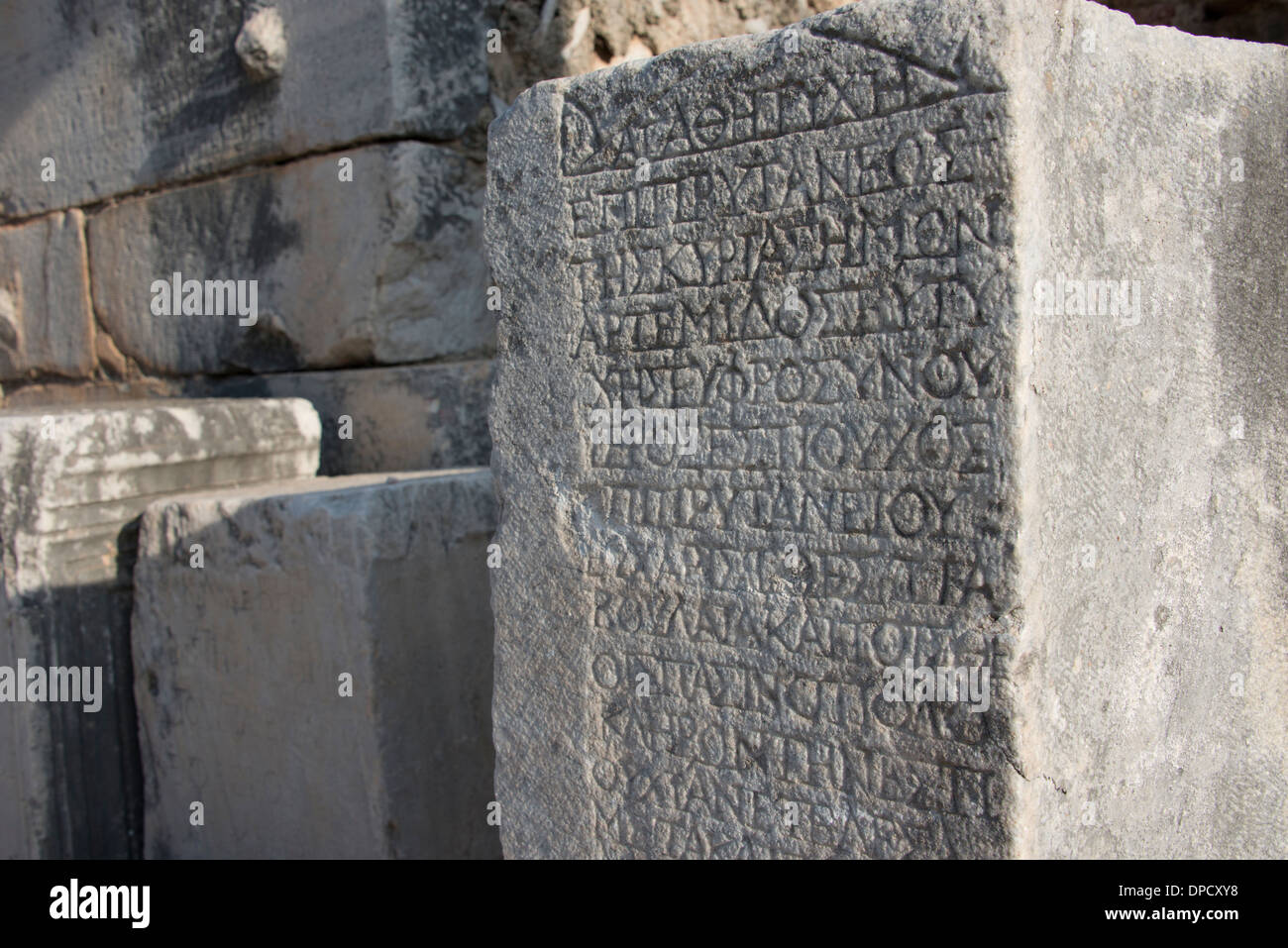 Turkey, Ephesus. Ancient Ephesian ruins, marble carved text Stock Photo ...