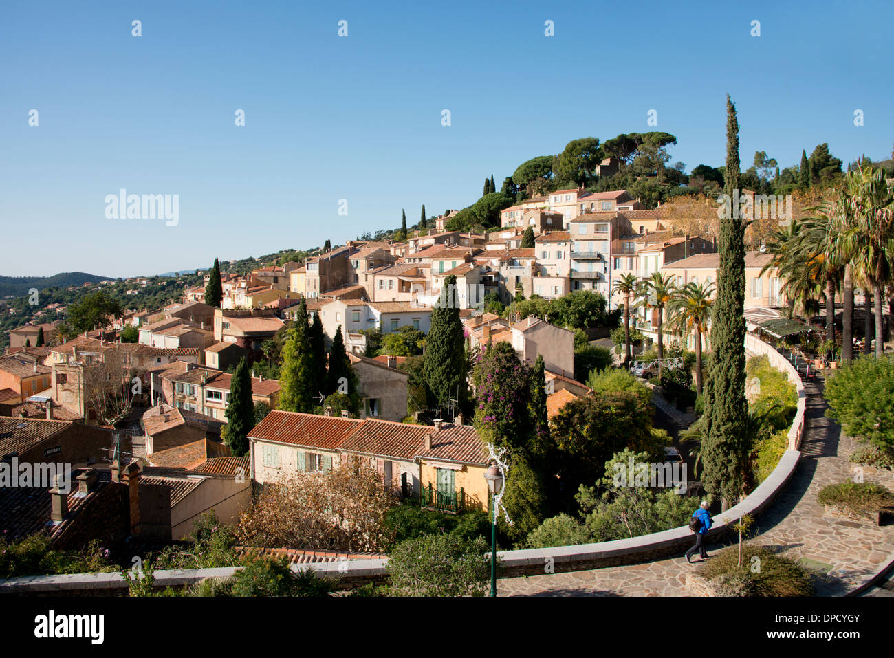 France, Provence, Bormes-les-Mimosas. Overview of historic hilltop ...