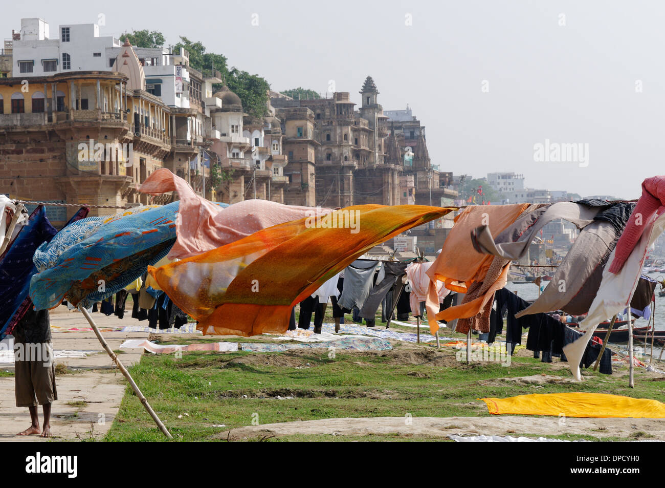 Washing drying on the banks of the Ganges in Varanasi Stock Photo - Alamy