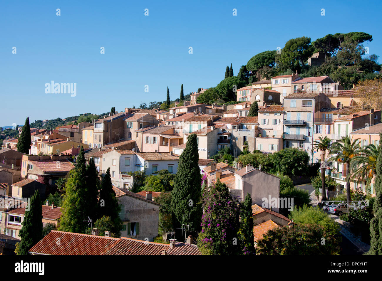 France, Provence, Bormes-les-Mimosas. Overview of historic hilltop ...