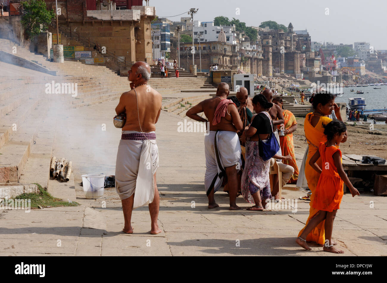 People on the ghats on the banks of the Ganges at Varanasi Stock Photo ...