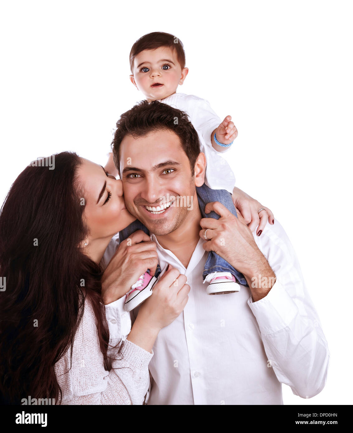 Happy young family isolated on white background, sweet little daughter ...