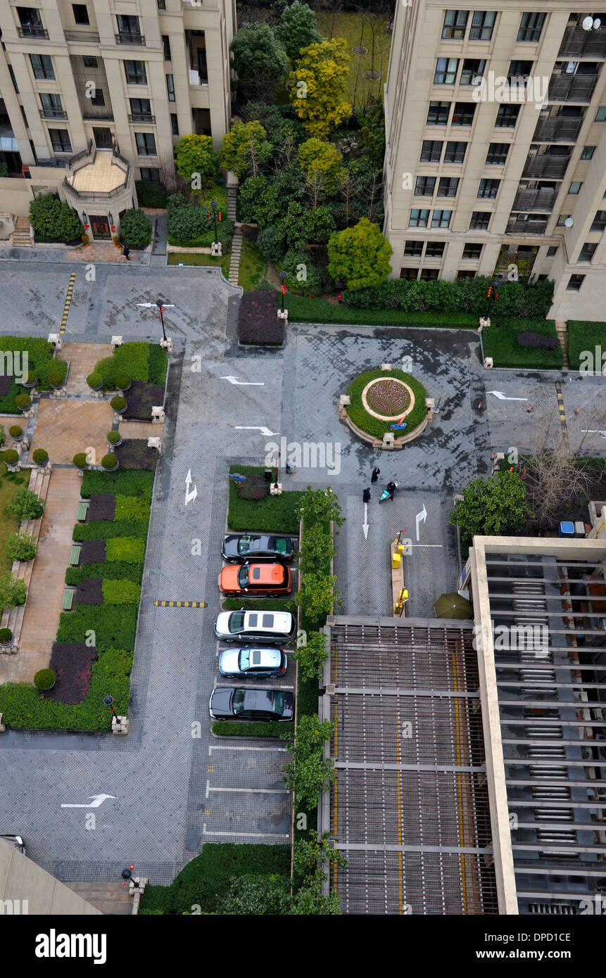 Aerial view of car park, buildings and greenery Shanghai China Stock ...