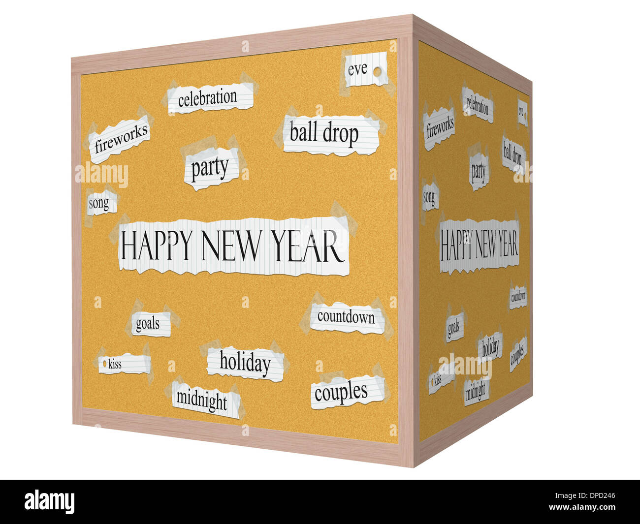 Happy New Year 3D cube Corkboard Word Concept with great terms such as ...