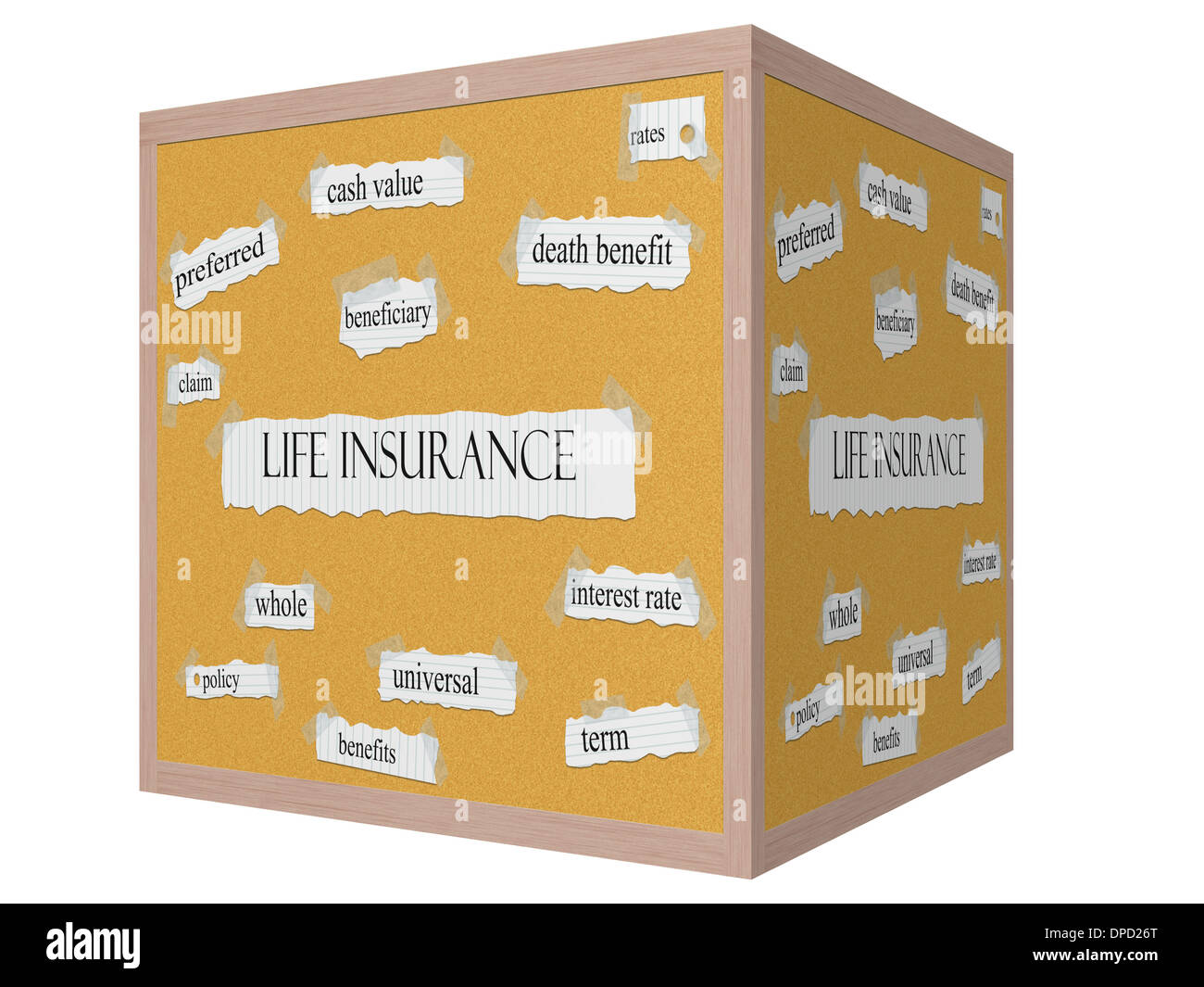 Life Insurance 3D cube Corkboard Word Concept with great terms such as ...