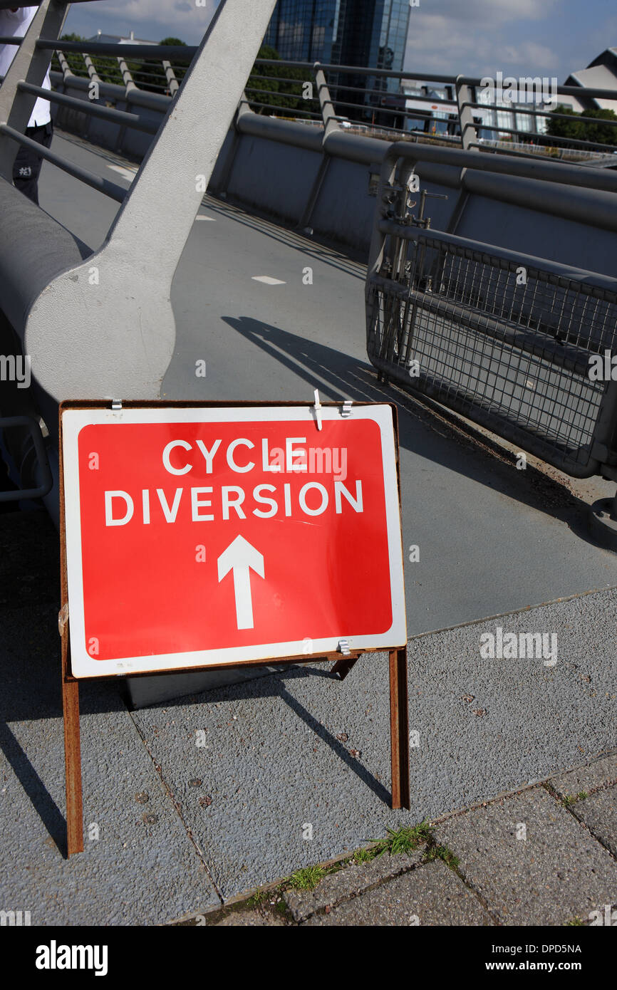 Cycle diversion sign on a bridge over the River Clyde in Glasgow ...