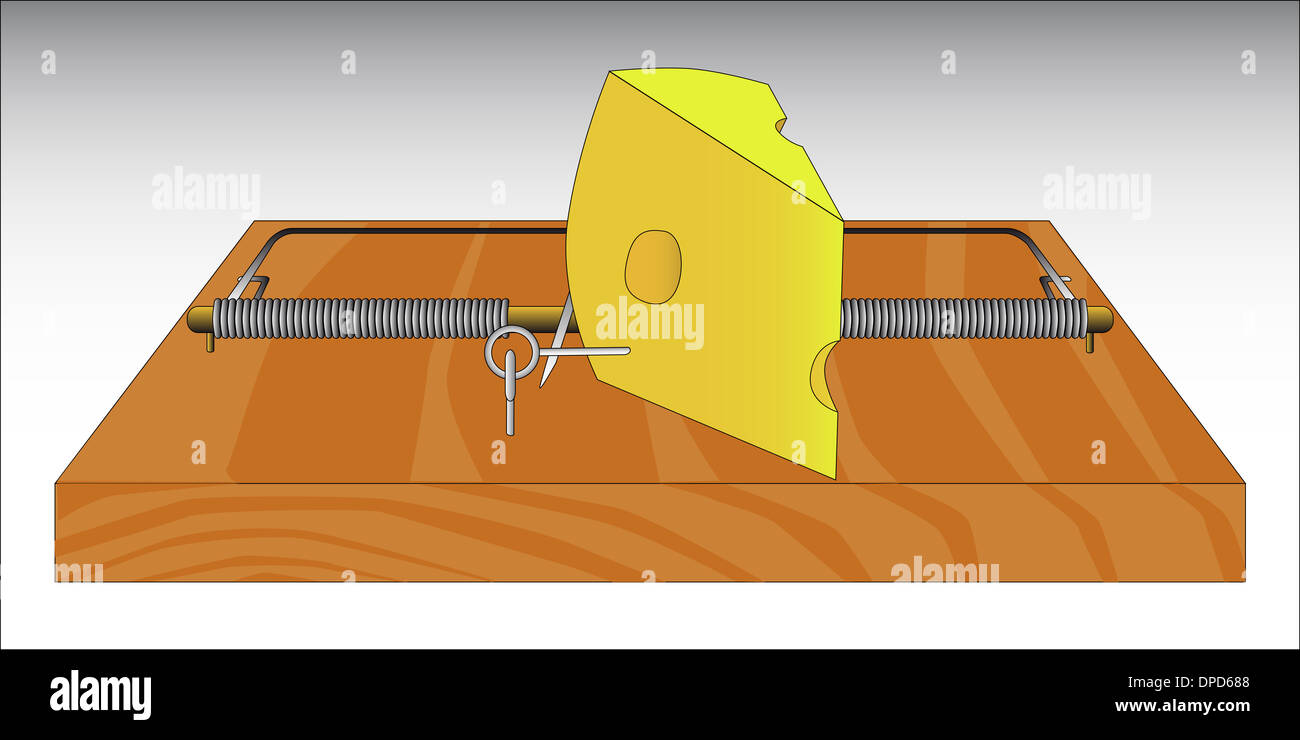 A traditional wood base and wire spring mouse trap bated with cheese ...