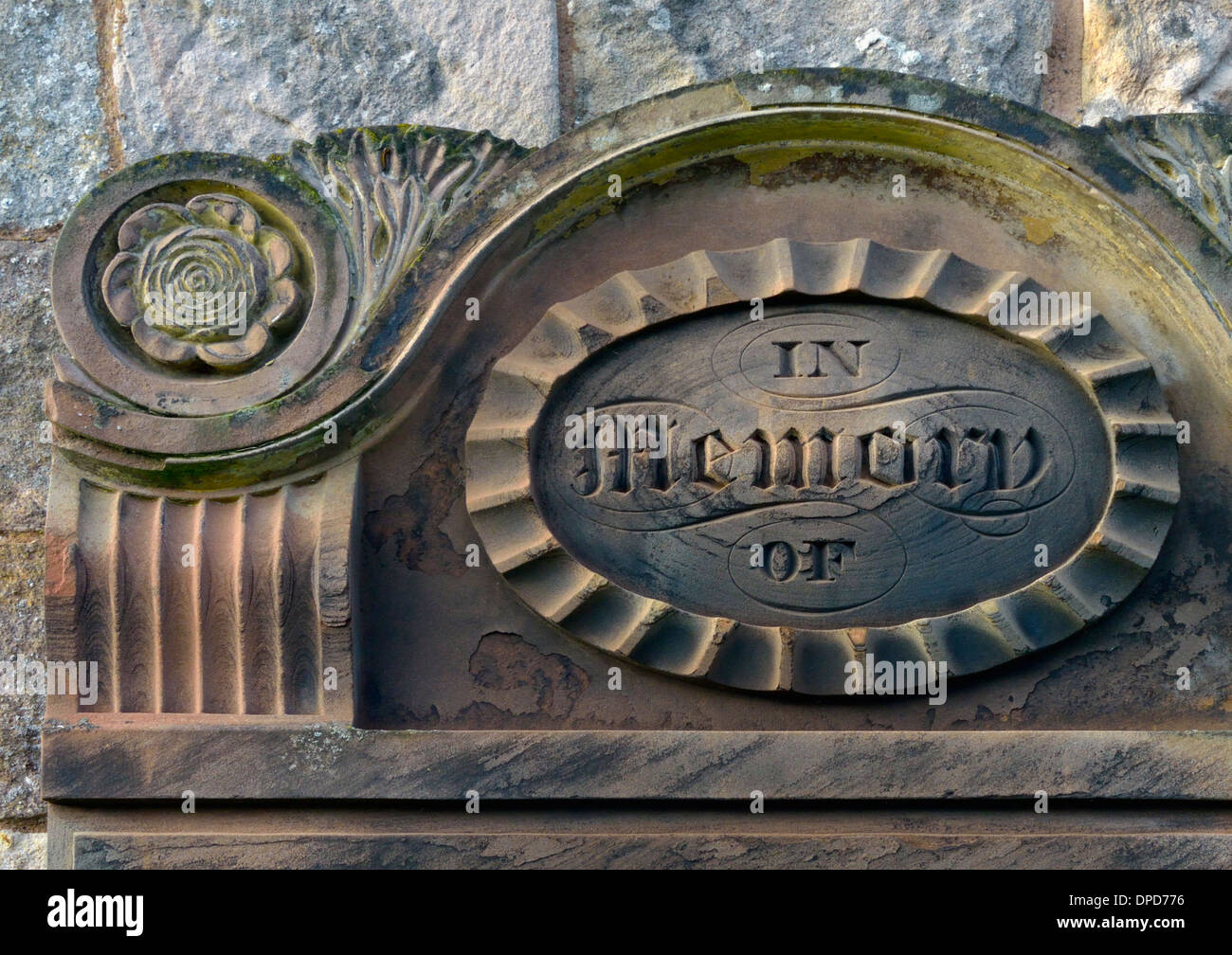 'IN Memory OF'. Detail of gravestone with floral design. Church of ...