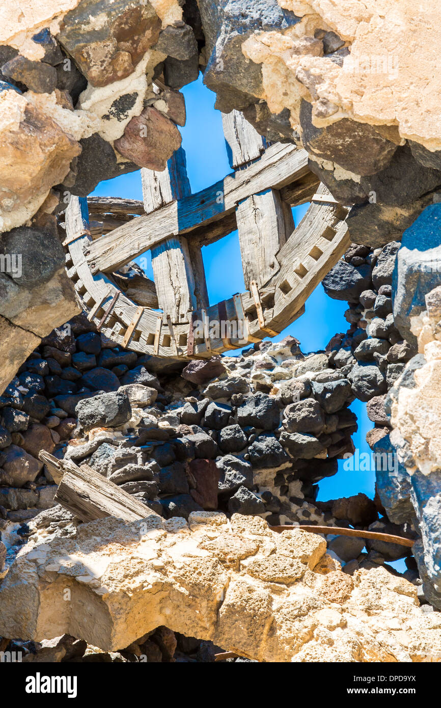 Ancient windmills of Santorini island,Crete,Greece. View of Fira town ...