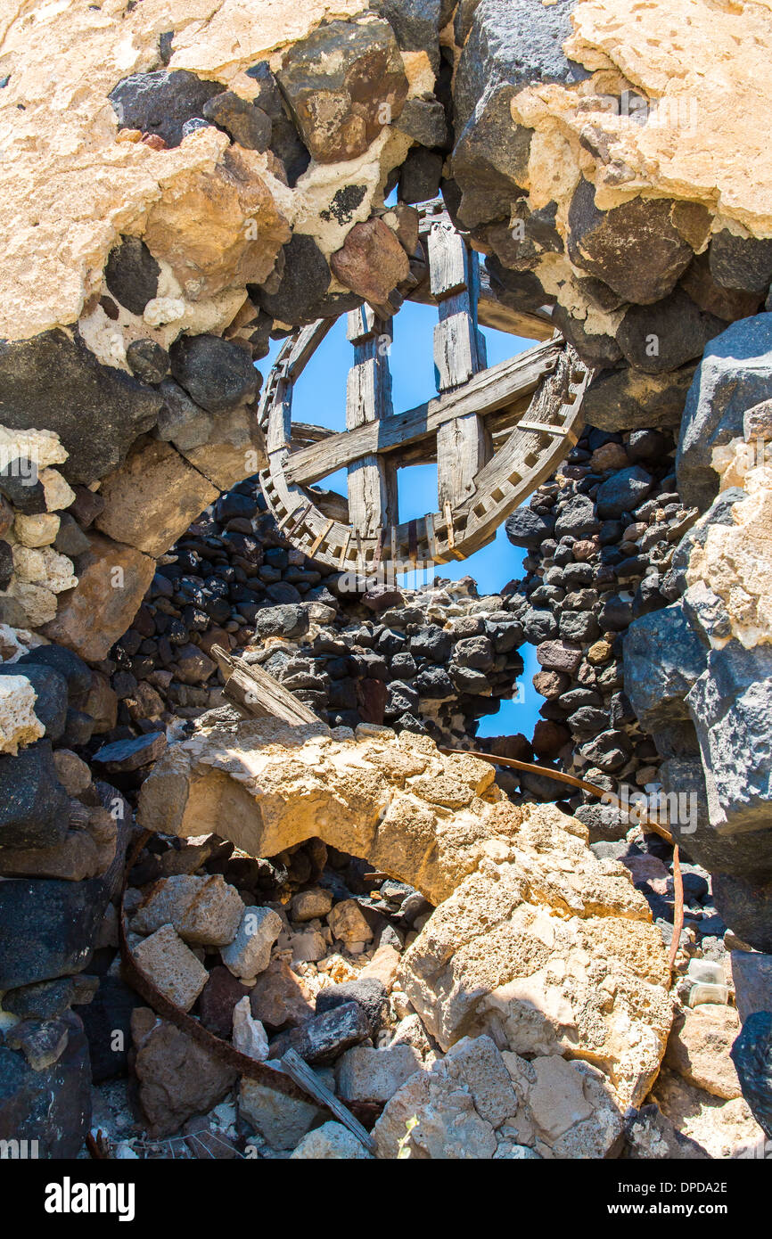 Ancient windmills of Santorini island,Crete,Greece. View of Fira town ...