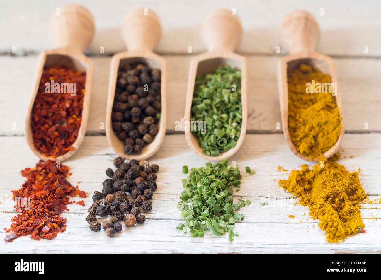 Shovesl with spices, chilli powder, black pepper, dried chieves and ...