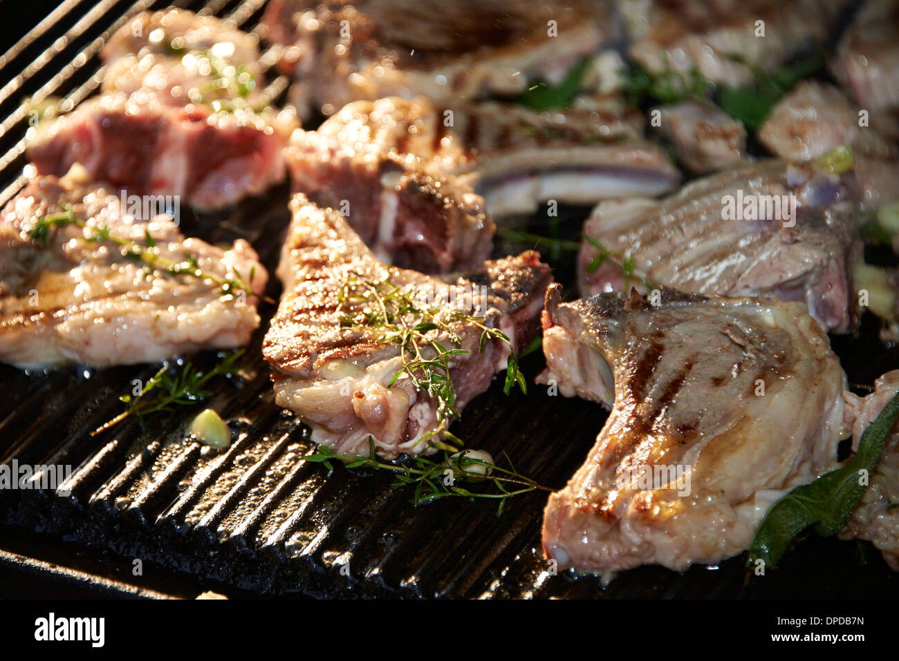 Marinated lamb chops on barbecue grill Stock Photo - Alamy