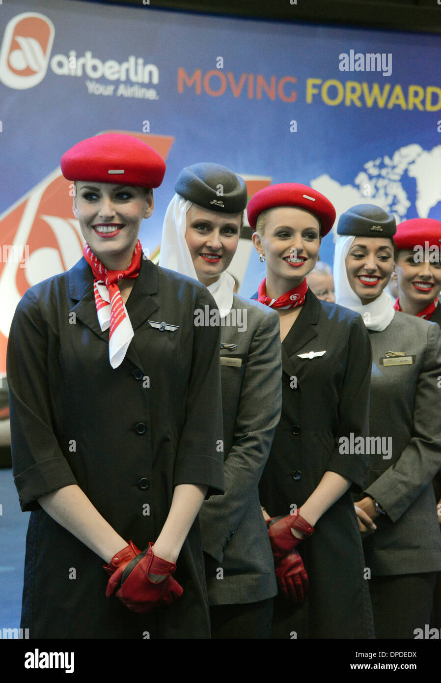 Schoenefeld , Germany. 13th Jan, 2014. Flight attendants of Air Berlin ...