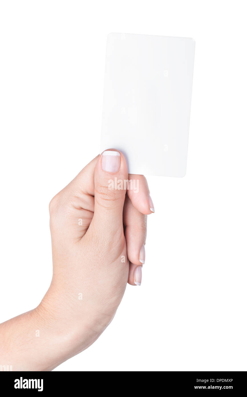 Hand with white card, closeup on white background Stock Photo - Alamy