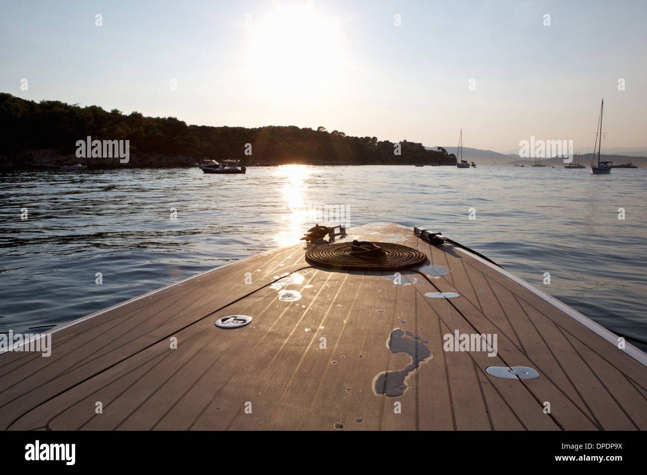 Footprint on bow of boat, Cannes Islands, Cote D'Azur, France Stock ...